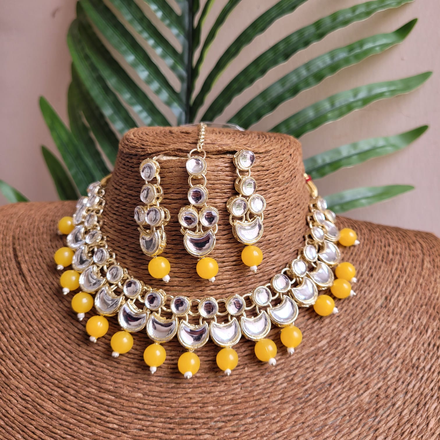 Yellow Kundan Necklace Set With Earrings And Mangtika - SenseOfSelf